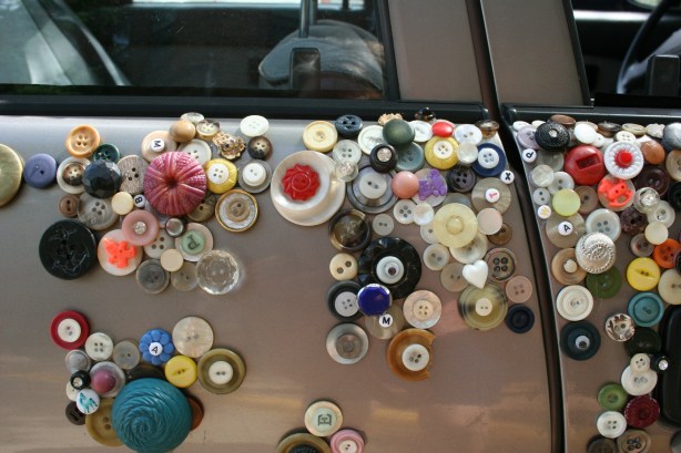 Bette, a button bedecked art car in Northfield | Minnesota Prairie Roots